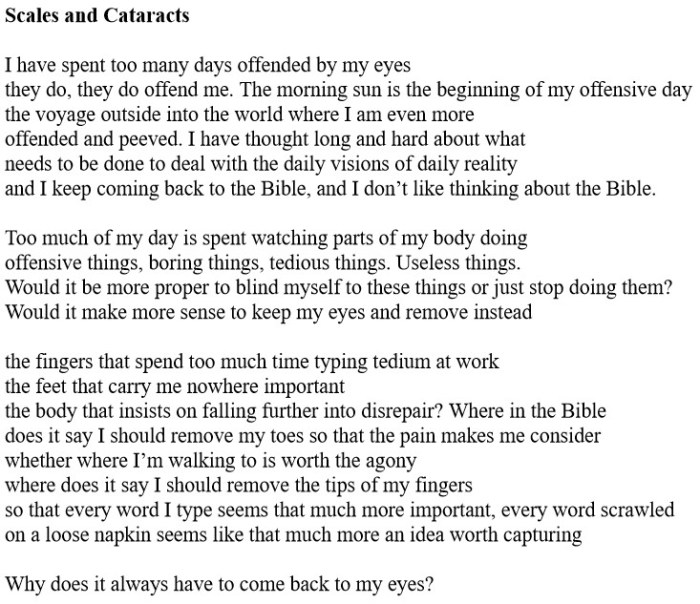 Holly Day: “Scales and Cataracts” – As It Ought To Be